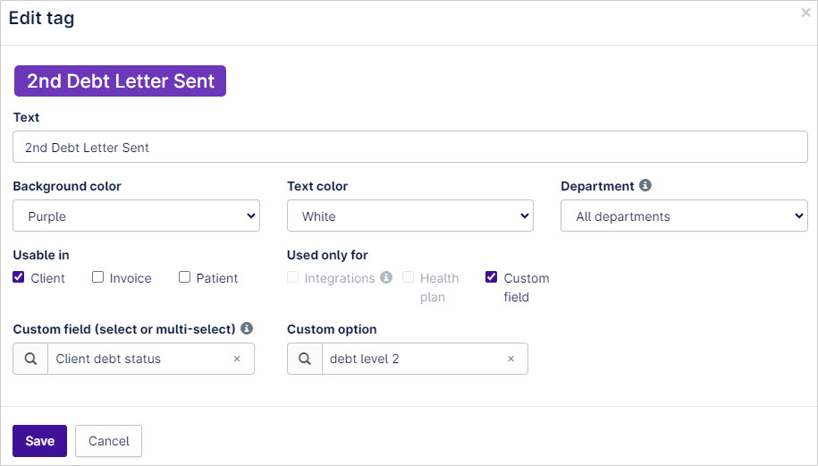 Set Up Custom Fields and Tags for Client Debt Status – Provet Help Centre